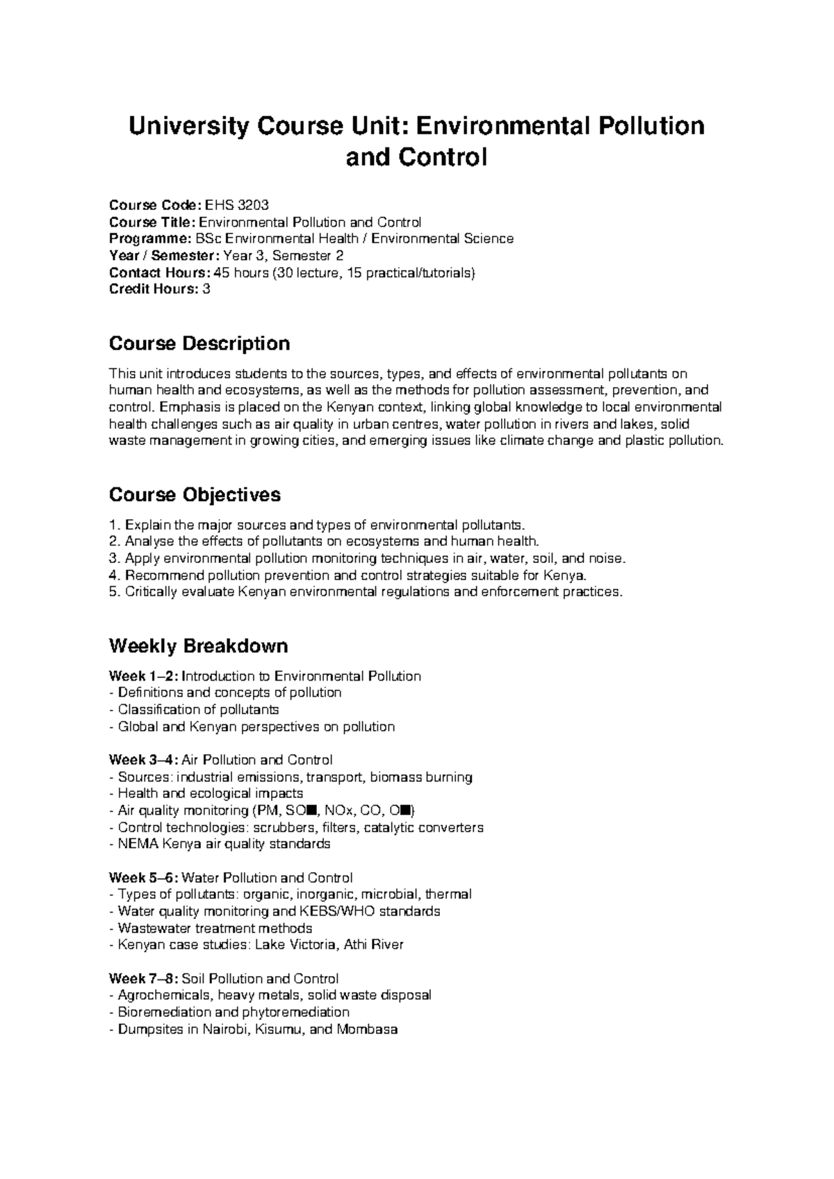 EHS 3203: Environmental Pollution and Control Full Unit Notes - Studocu