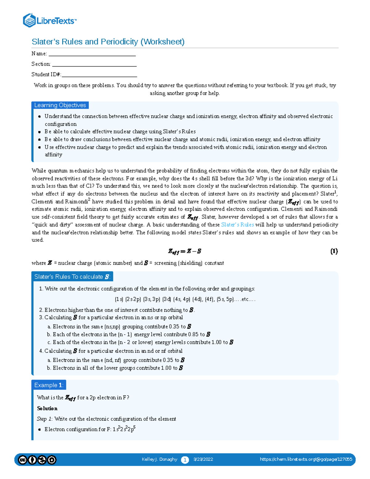 Slater’s Rules and Periodicity: Worksheet for CHEM 101 - Studocu