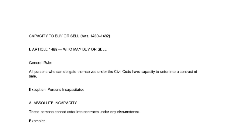 Capacity to Buy or Sell Notes: Article 1489 & 1490 Overview - Studocu