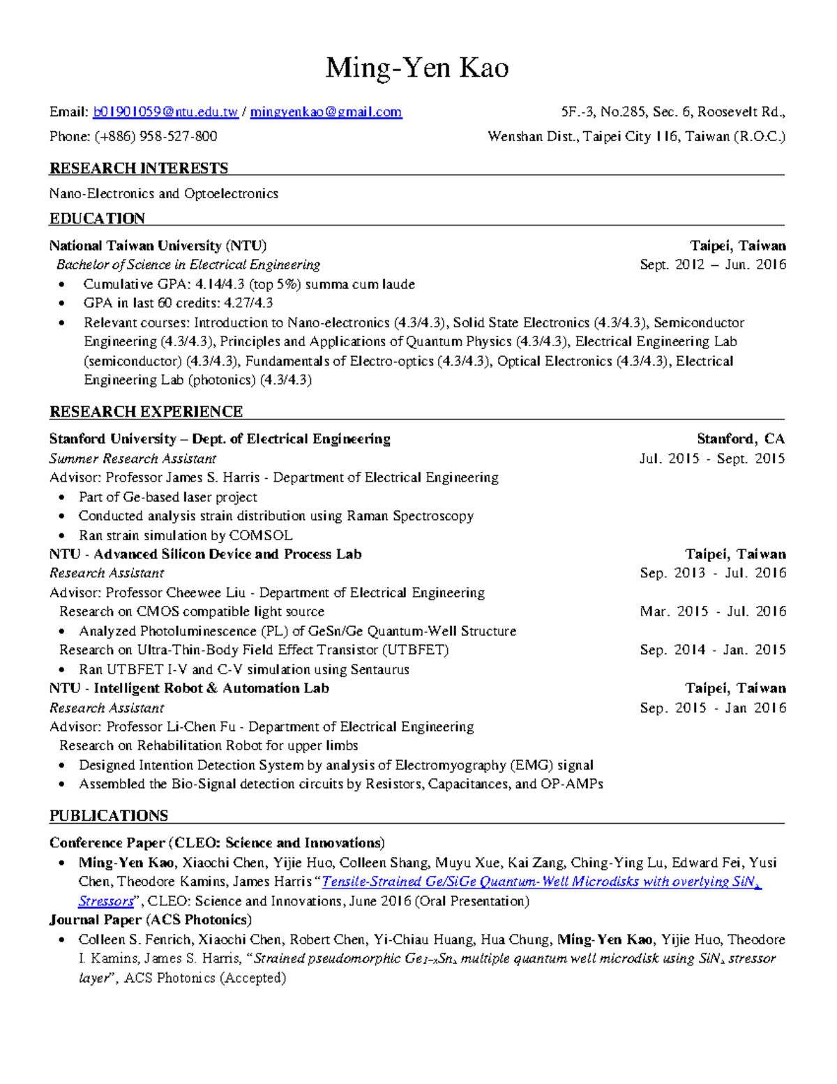 CV MY-Kao - Lecture Notes on Research Interests and Optoelectronics ...