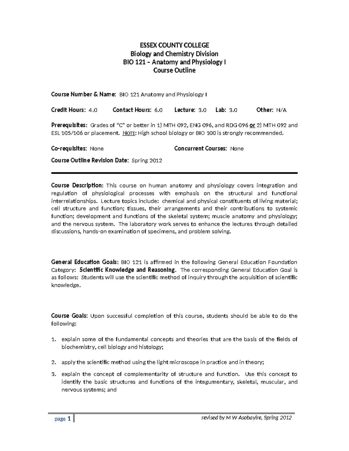 BIO 121 Anatomy and Physiology I: Course Outline & Learning Outcomes ...