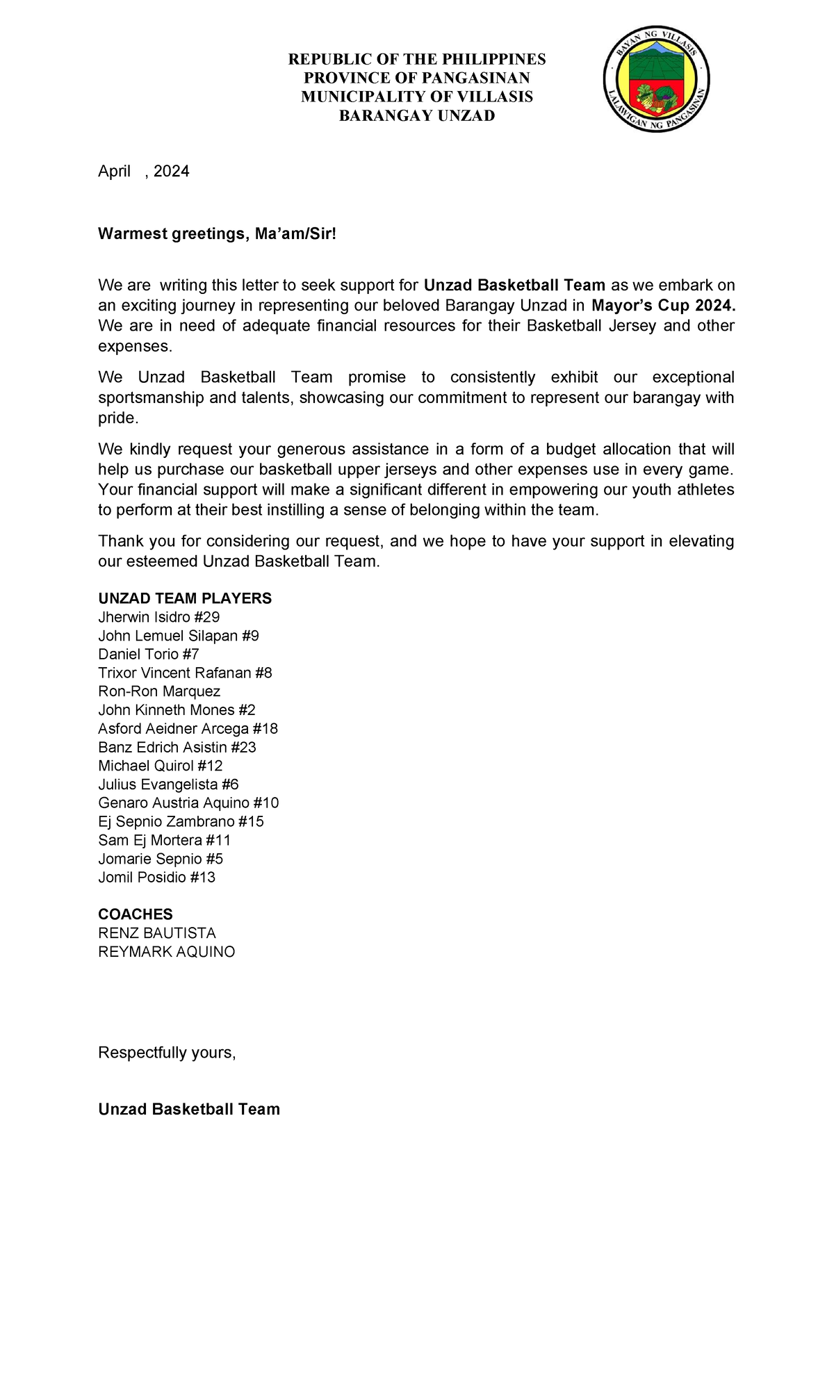 Support Request Letter for Mayor’s Cup 2024 - Unzad Team - Studocu