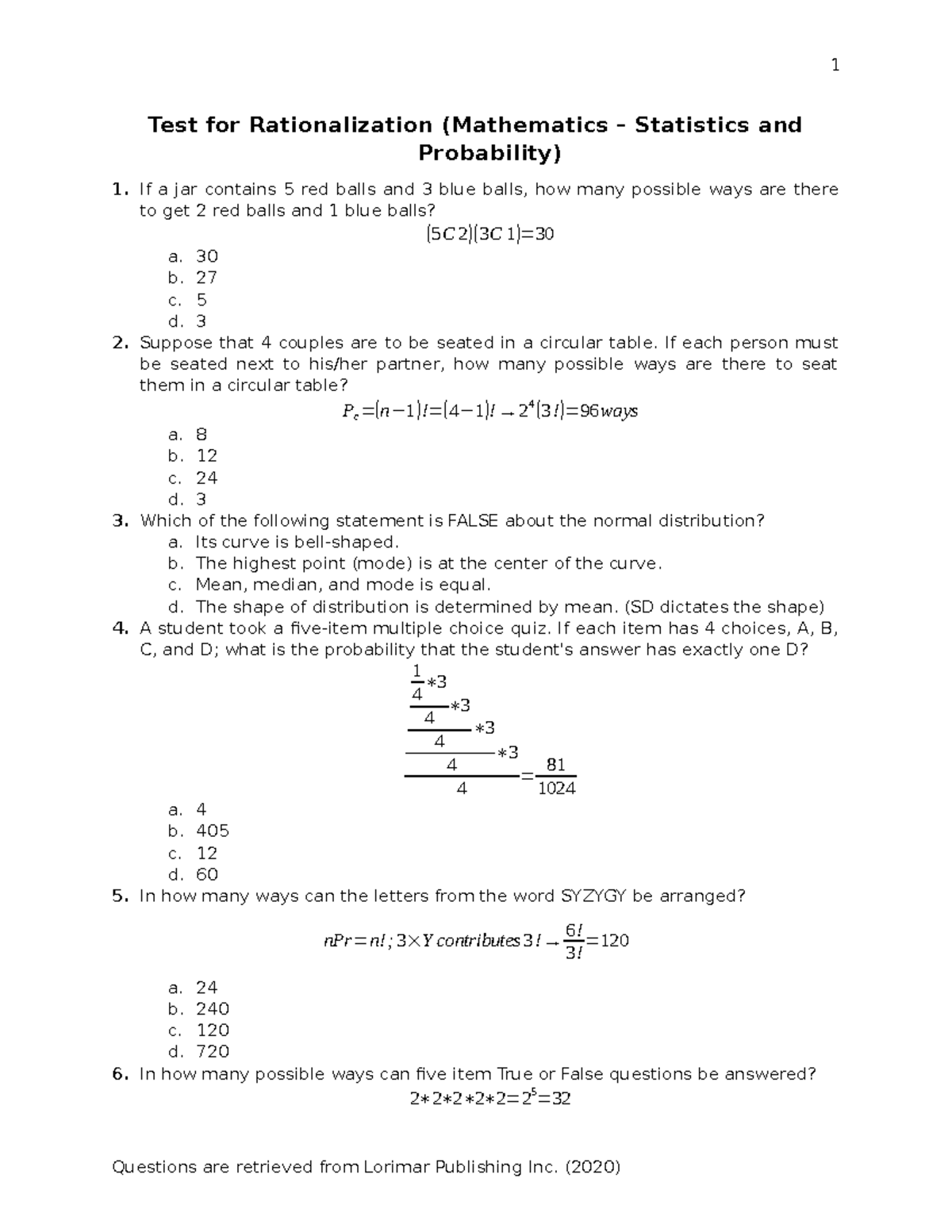 Rationalization for Stat and Probability - Test for Rationalization ...