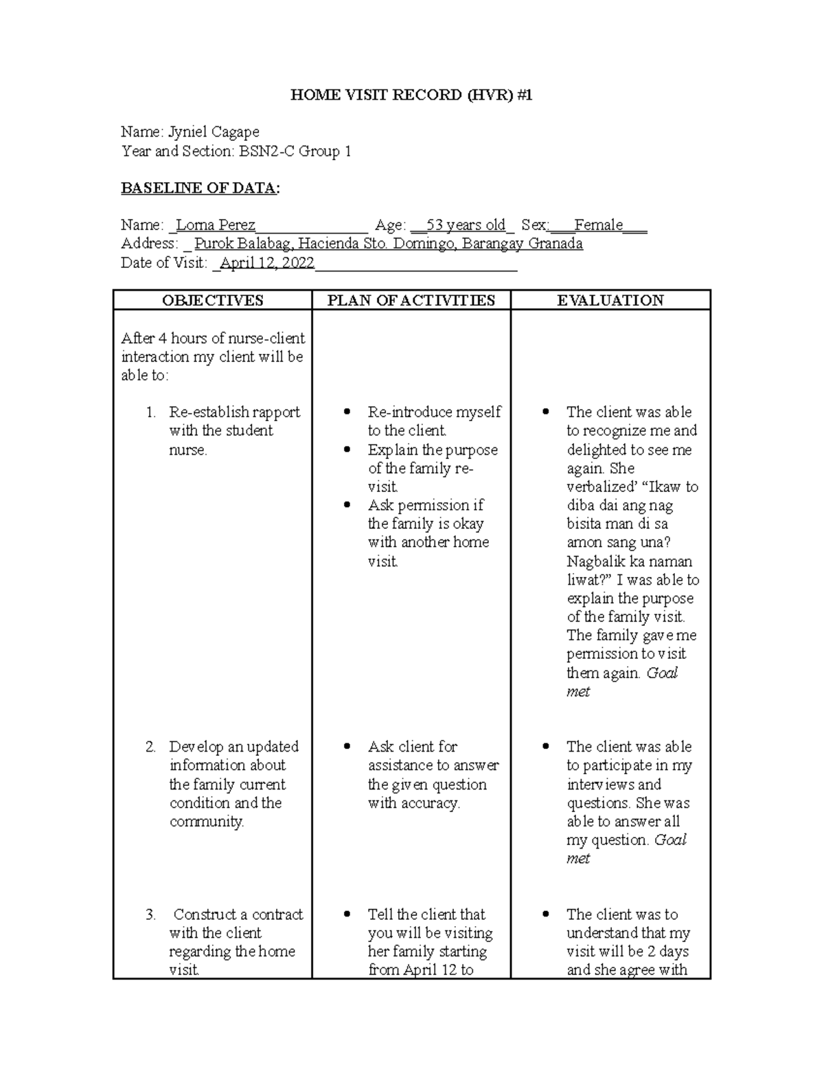 HOME Visit Record FORM-3 - HOME VISIT RECORD (HVR) Name: Jyniel Cagape ...