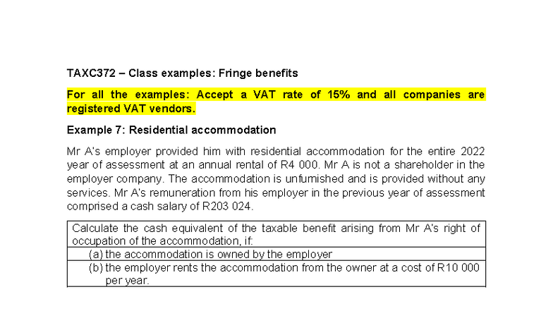 TAXC372 Fringe Benefits Examples 7-13: Taxable Benefits Calculations ...