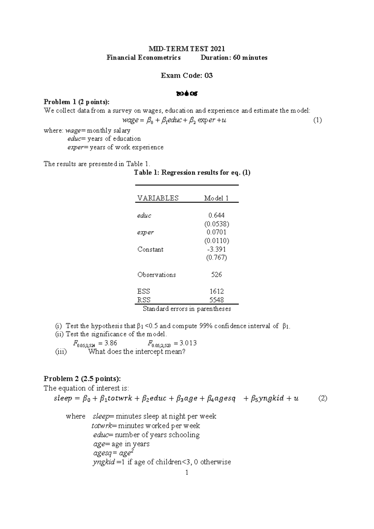 Mid-term Exam 2021: Financial Econometrics (Code: 03) Analysis - Studocu