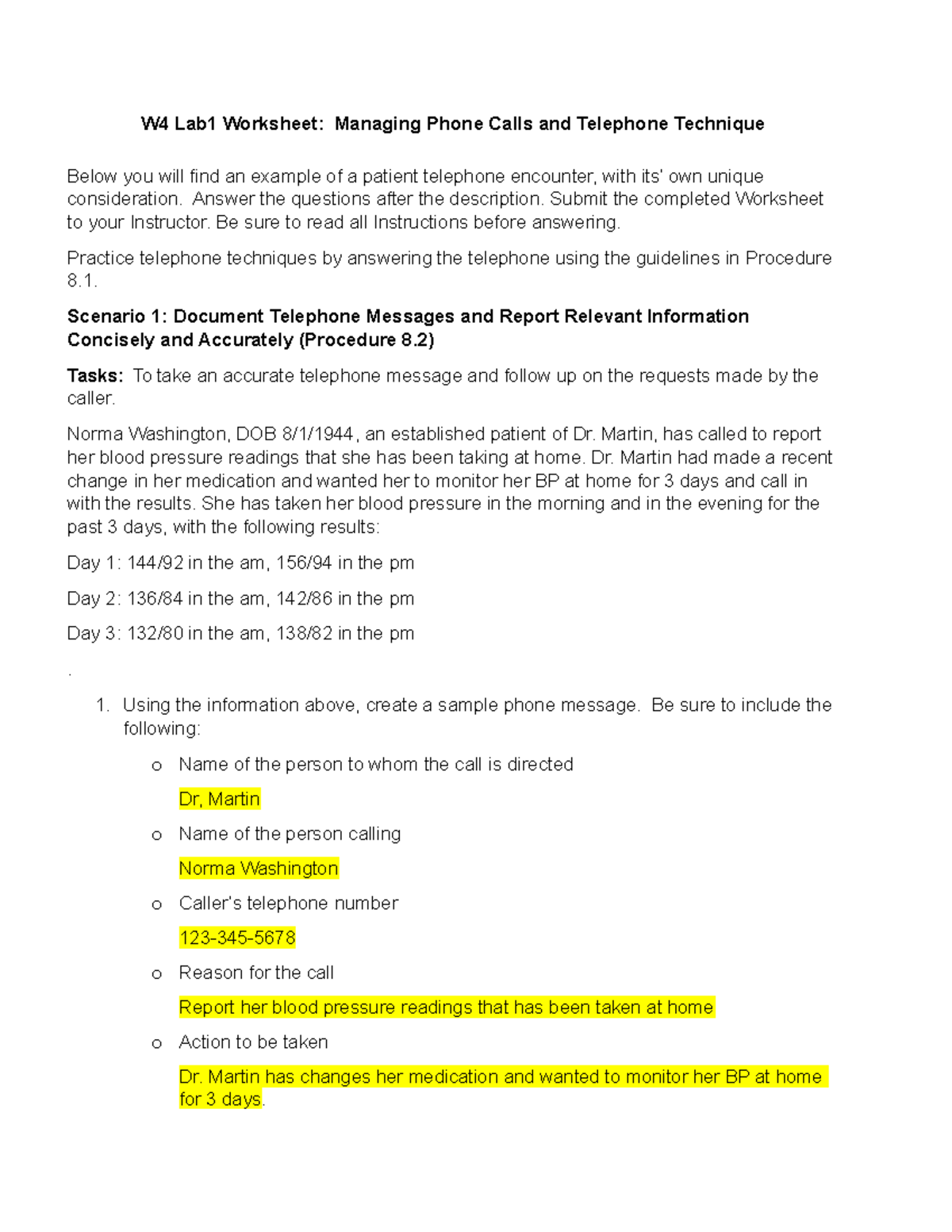 MOA110 W4 Lab - Patient Telephone Encounter Worksheet - Studocu