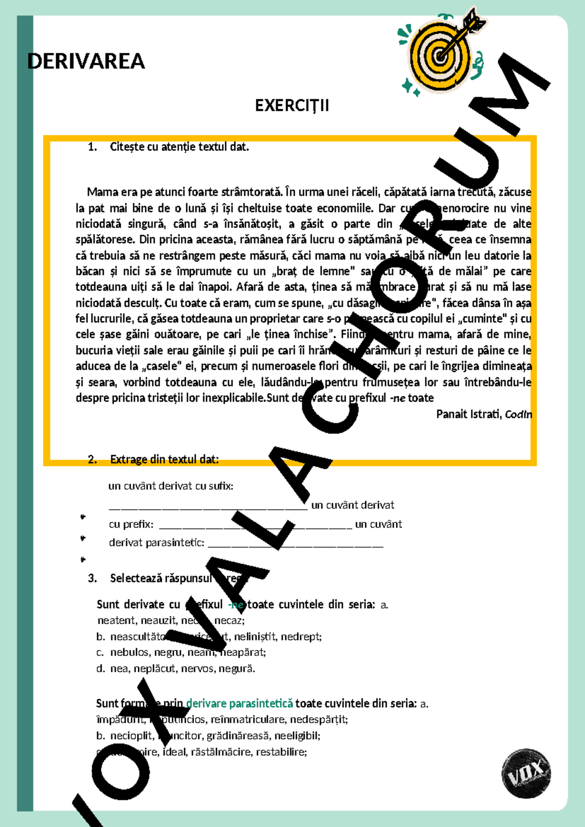 Exerciții Derivarea Cuvintelor - Fisa de Lucru UM 1 - Studocu