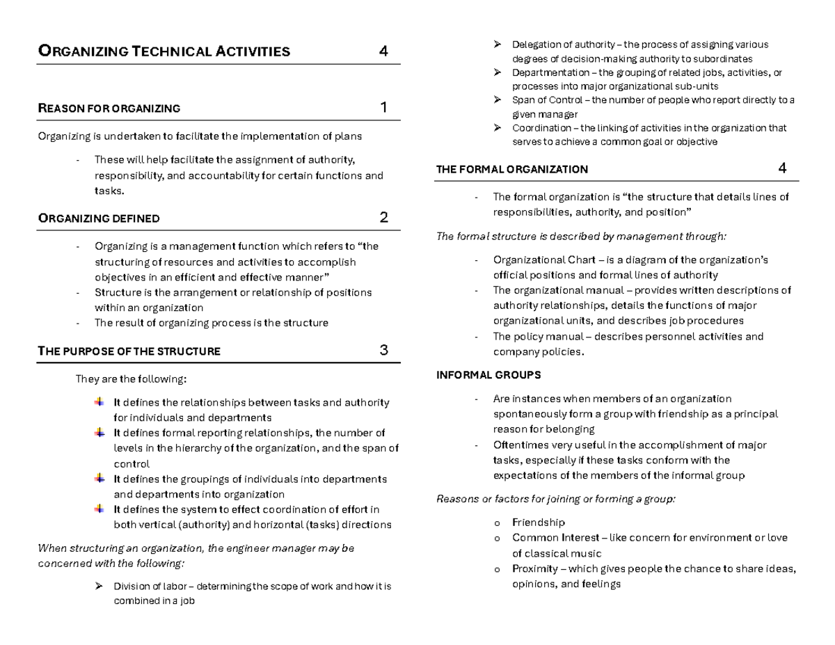Organizing Technical Activities: Key Concepts and Structures (Module 4) - Studocu