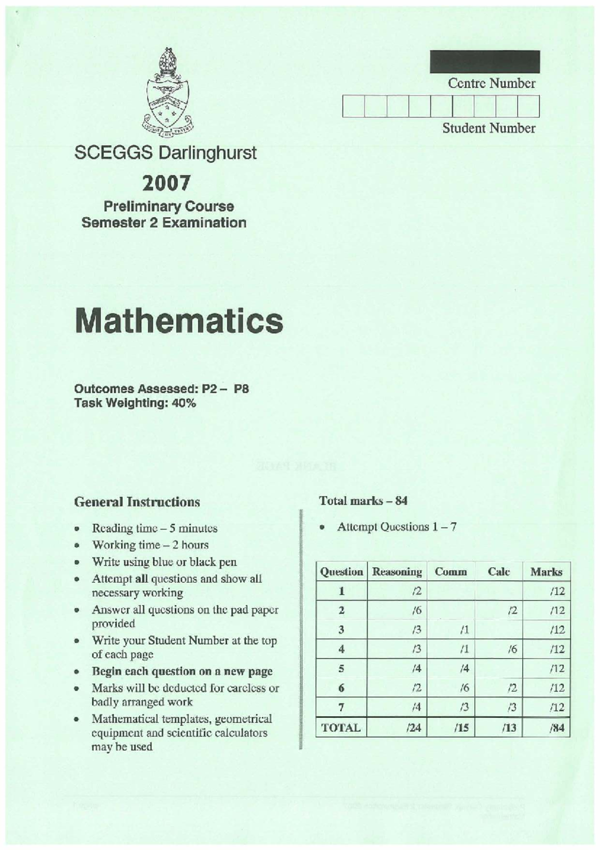 SCEGGS 2007 2U Preliminary Mathematics Exam & Solutions - Studocu