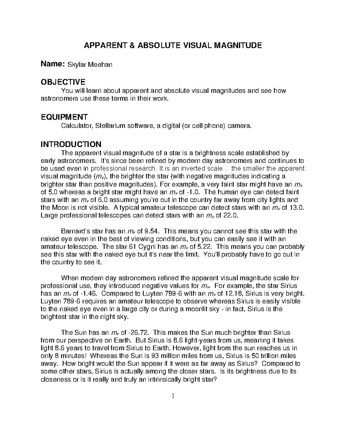 Lab 7: Apparent & Absolute Visual Magnitude - Assignment (ASTR 101 ...