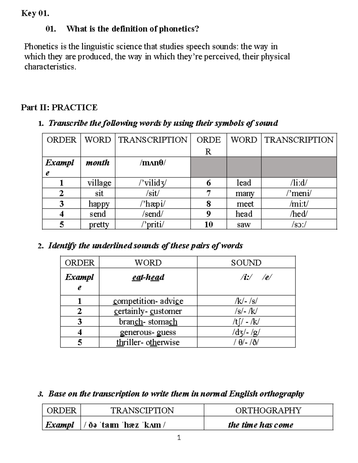 Key 01 - Phonetics and Phonology Practice Transcripts (ENG) - Studocu