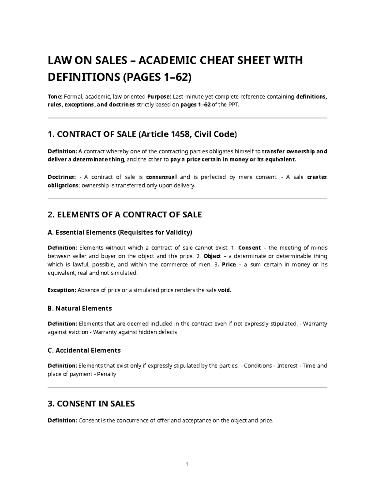 LAW ON SALES ACADEMIC CHEAT SHEET: DEFINITIONS & DOCTRINES - Studocu