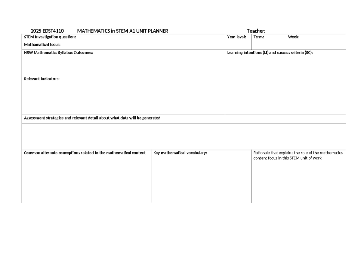 EDST4110 2025 Mathematics in STEM A1 Unit Planner Template - Studocu