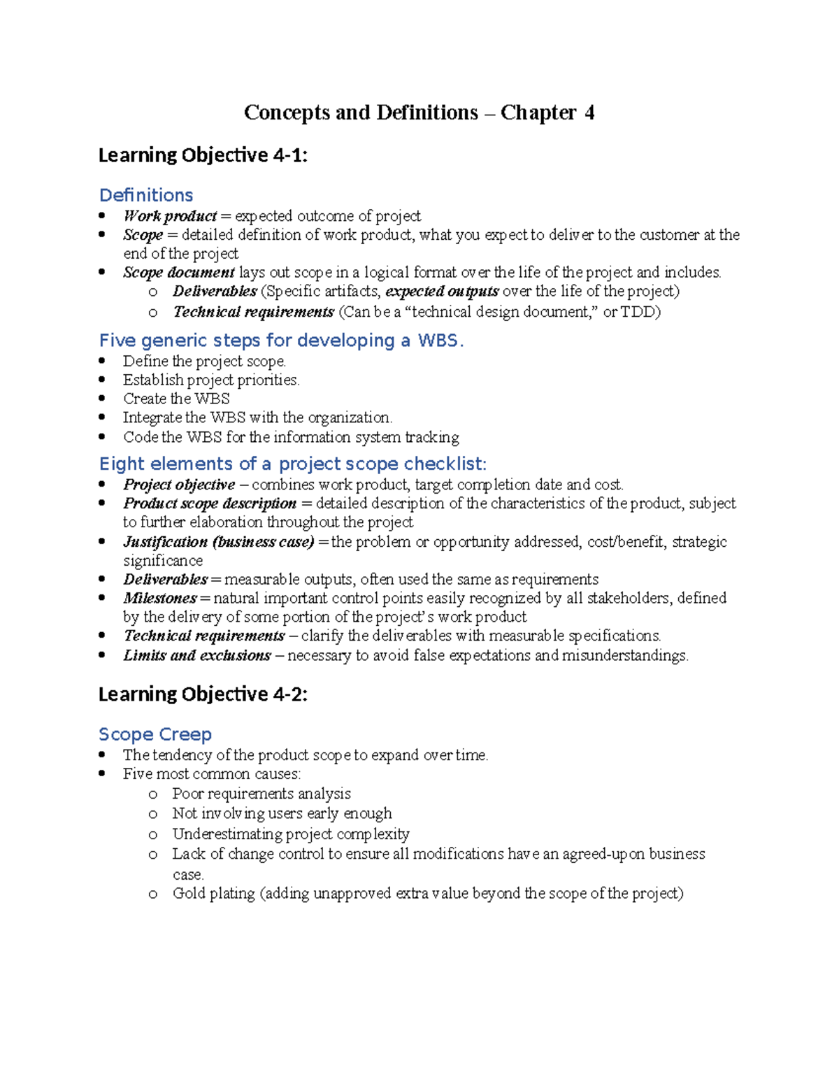 Concepts and Definitions - Chapter 4 - o Deliverables (Specific ...