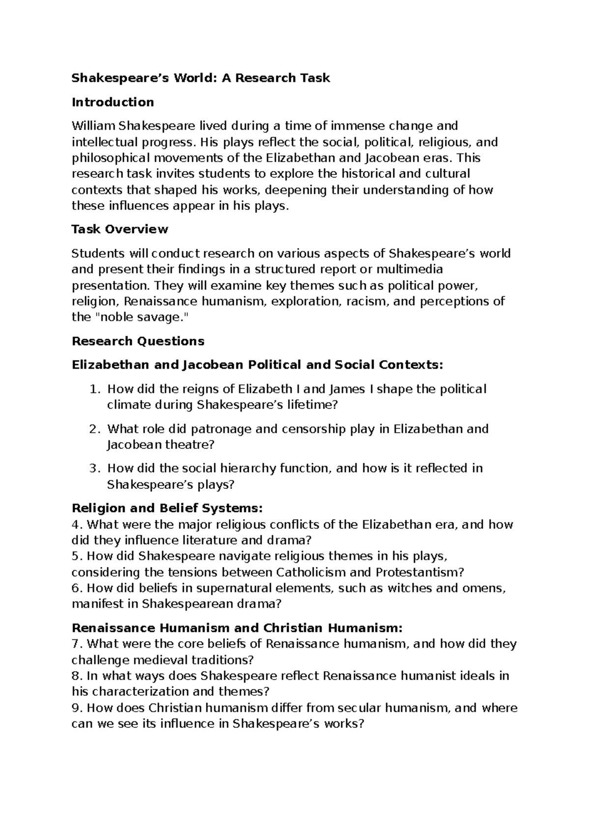 ENG 201: Research Task on Shakespeare's Historical Contexts and Themes ...
