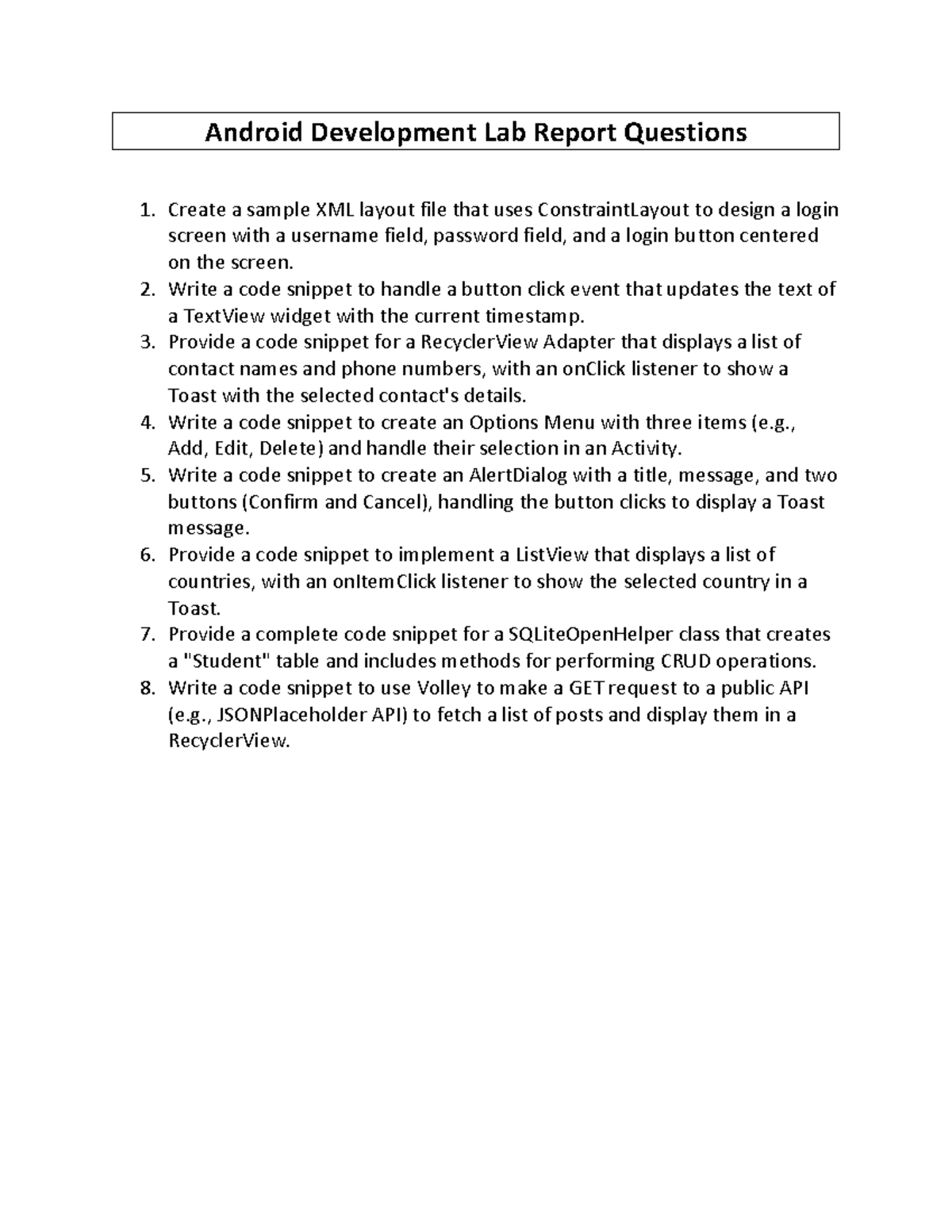 Android Development Lab Report: Key Code Snippets & Layouts - Studocu