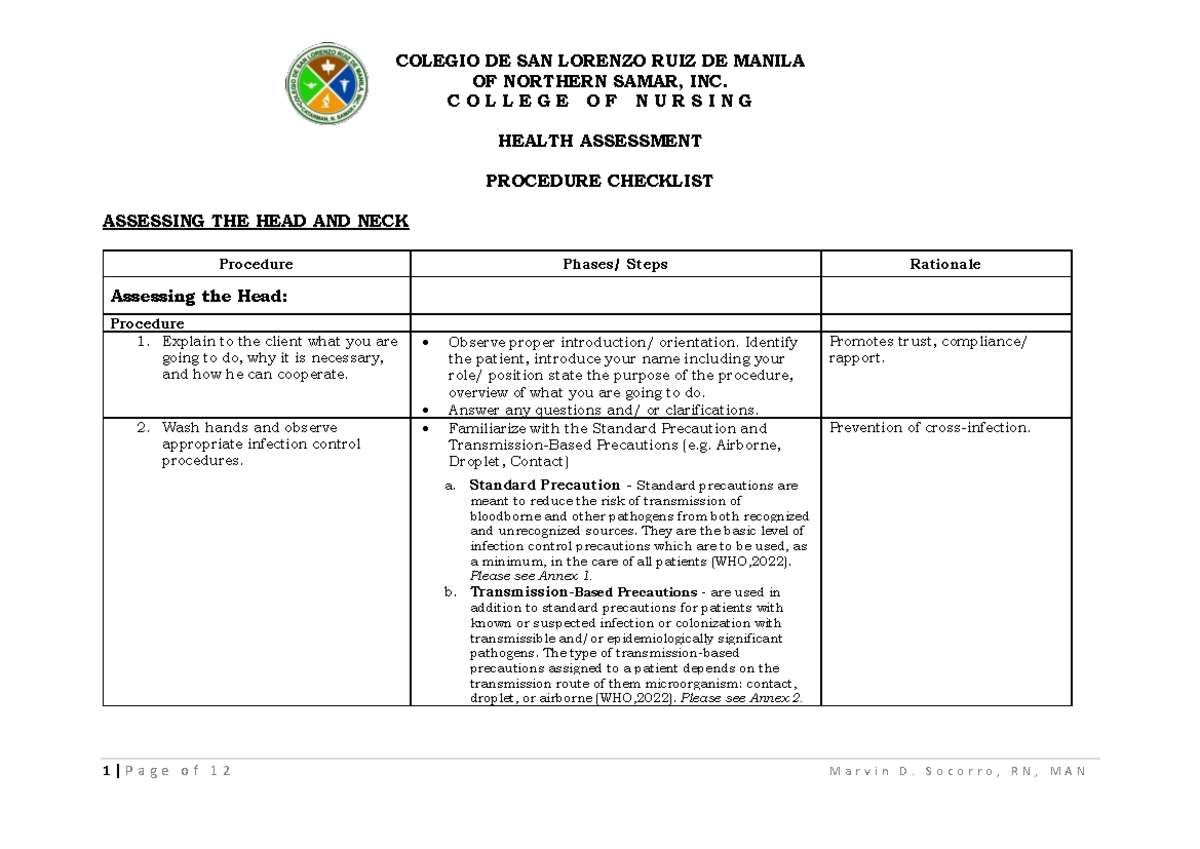 Health Assessment Procedures Checklist: Head and Neck Evaluation - Studocu
