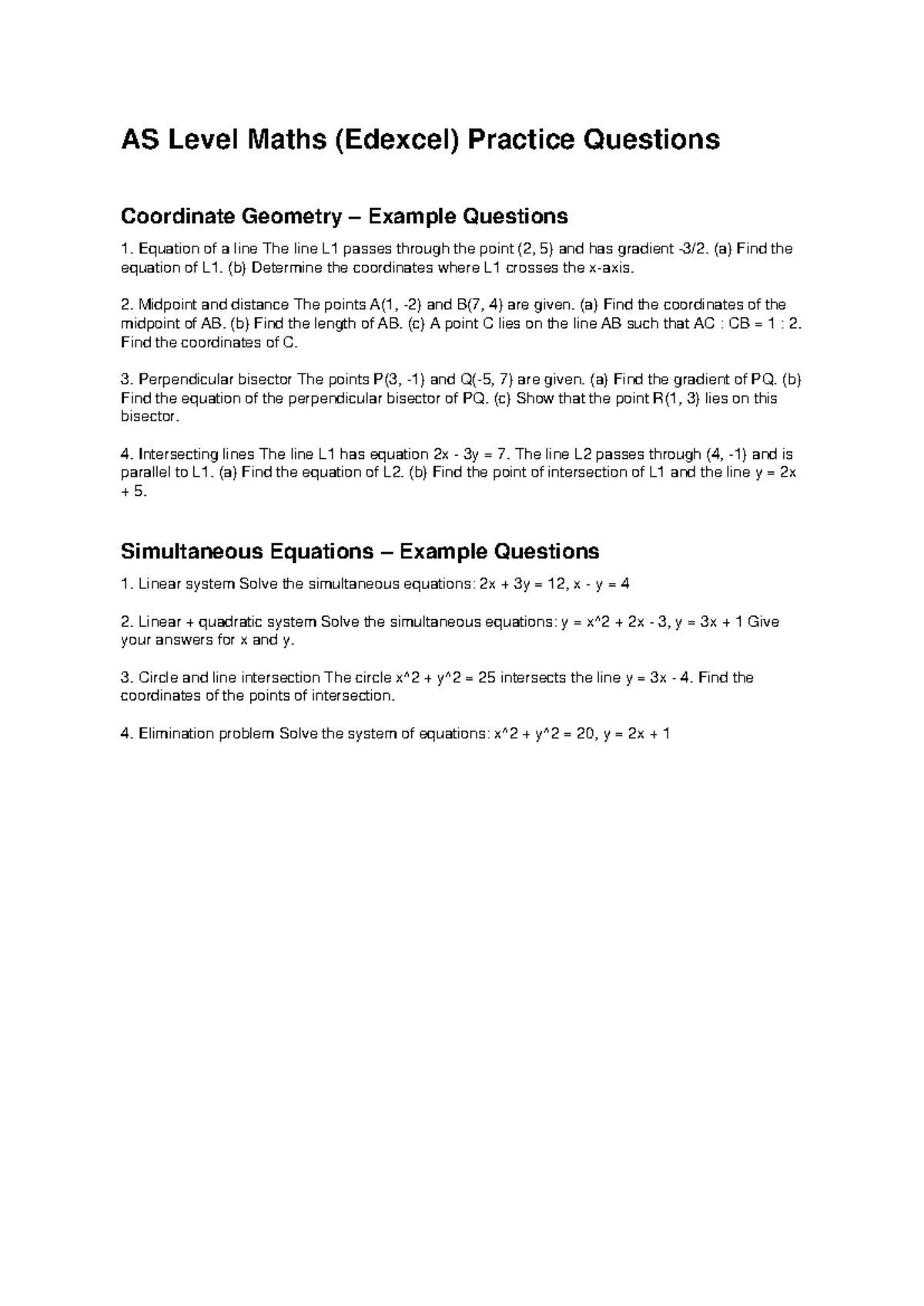 AS Level Maths (Edexcel) Coordinate Geometry & Simultaneous Equations ...
