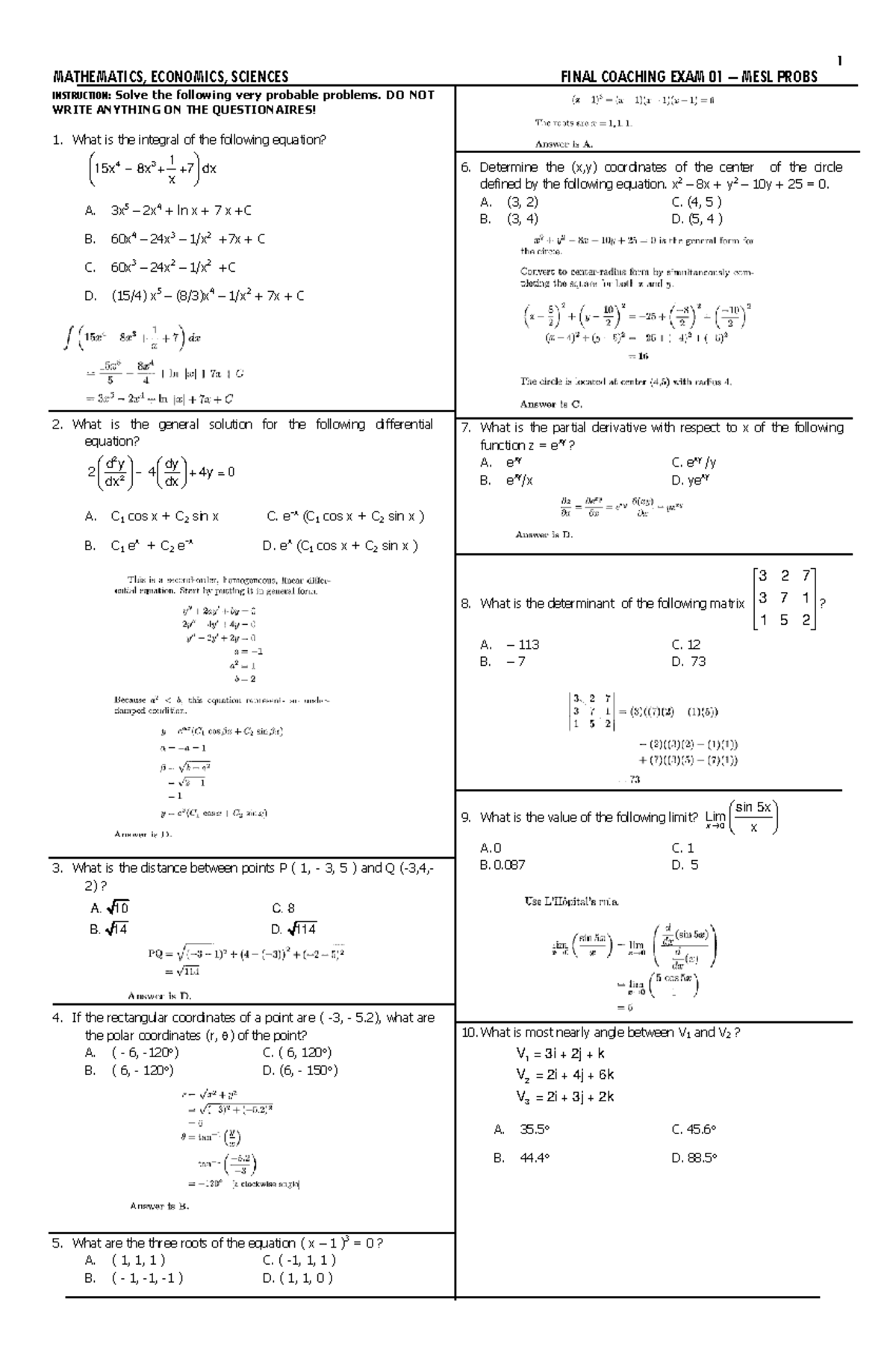 MATHEMATICS, ECONOMICS, SCIENCES MESL 1 Final Exam Coaching Guide - Studocu