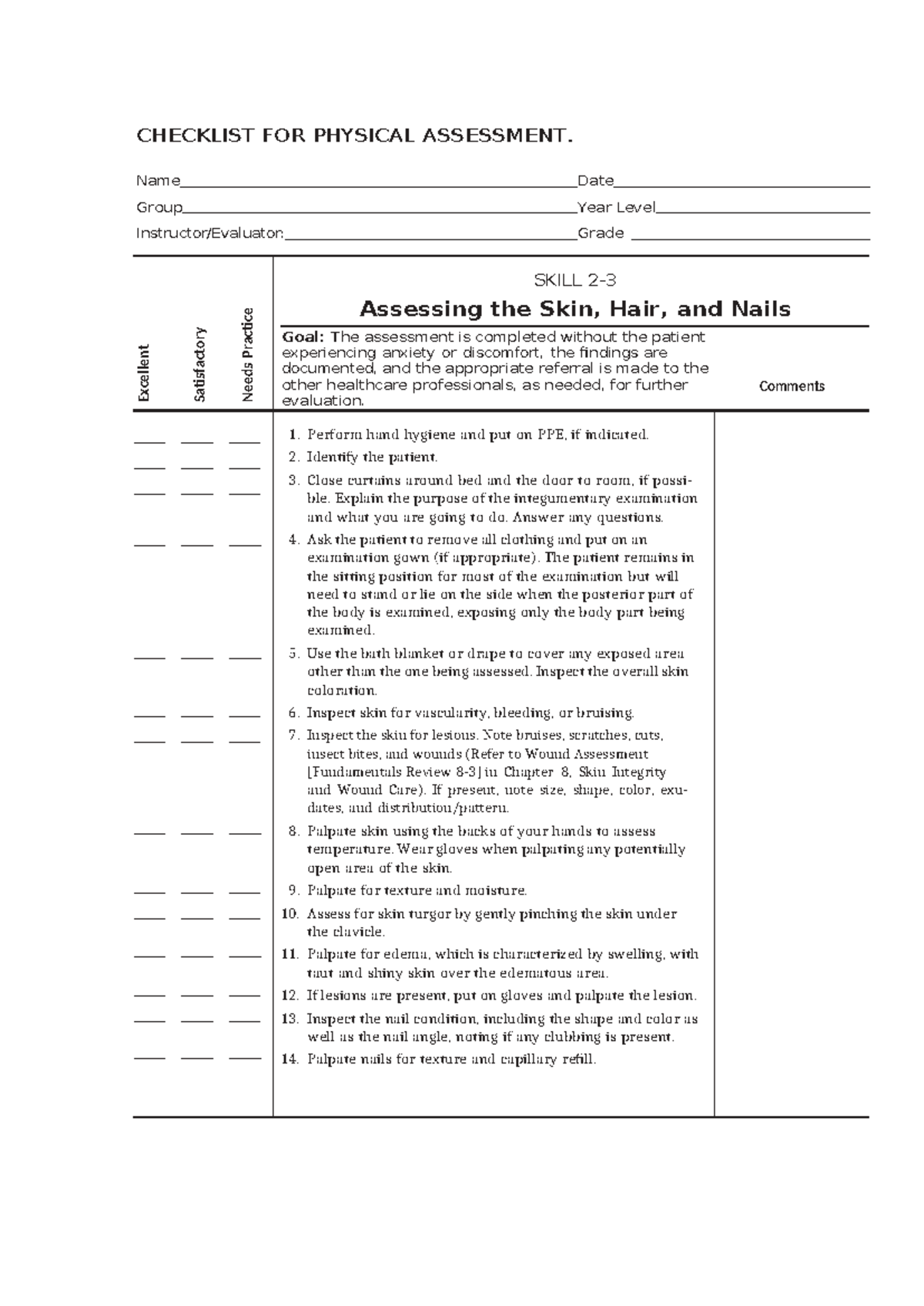 Physical Assessment Checklist for Return Demonstration - Studocu