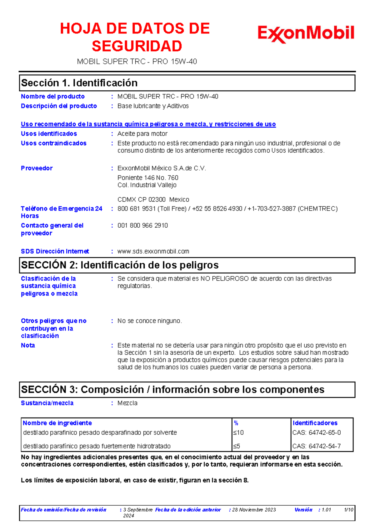 Ficha de Seguridad: Mobil Super TRC PRO 15W-40 (SDS) - Studocu