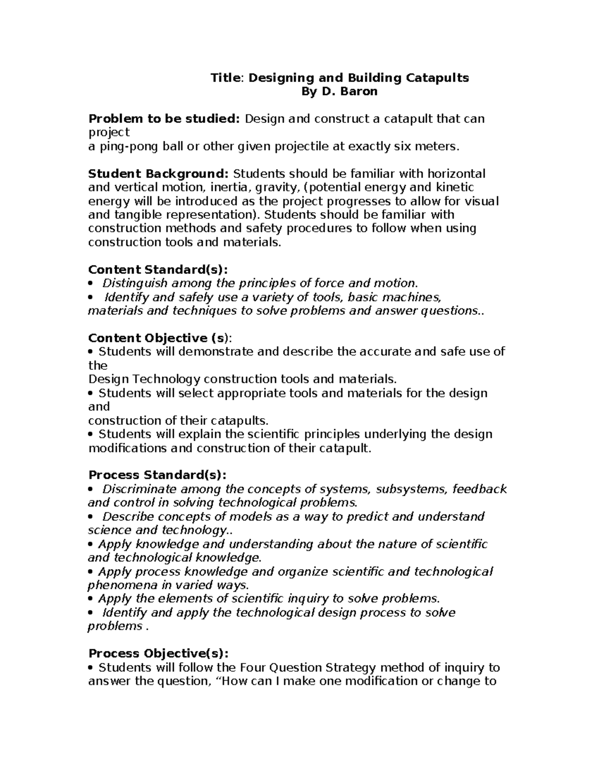 Lesson plan for catapult project - Title: Designing and Building ...