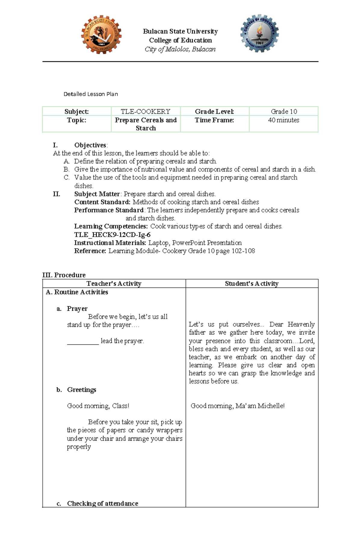 Detailed Lesson Plan for TLE-COOKERY 10: Preparing Cereals & Starch ...