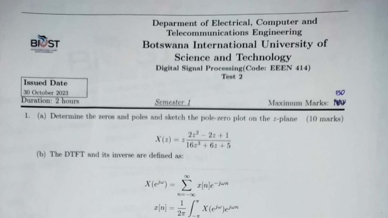Digital Signal Processing (Code: 414) Test 2 - November 30, 2023 - Studocu