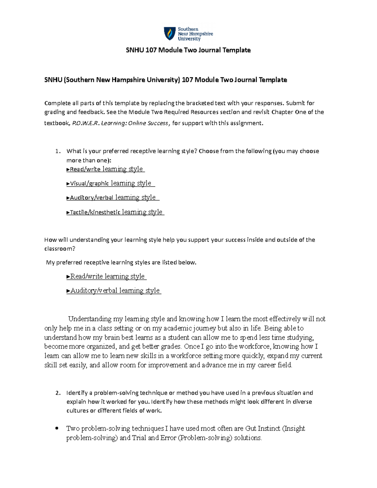 SNHU 107 Module Two Journal Assignment: Learning & Time Management ...