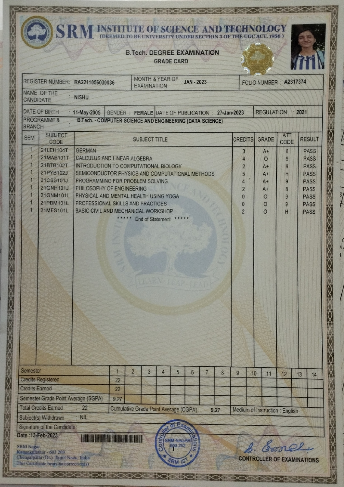 1st Semester Grade Report: Academic Performance Overview - Studocu
