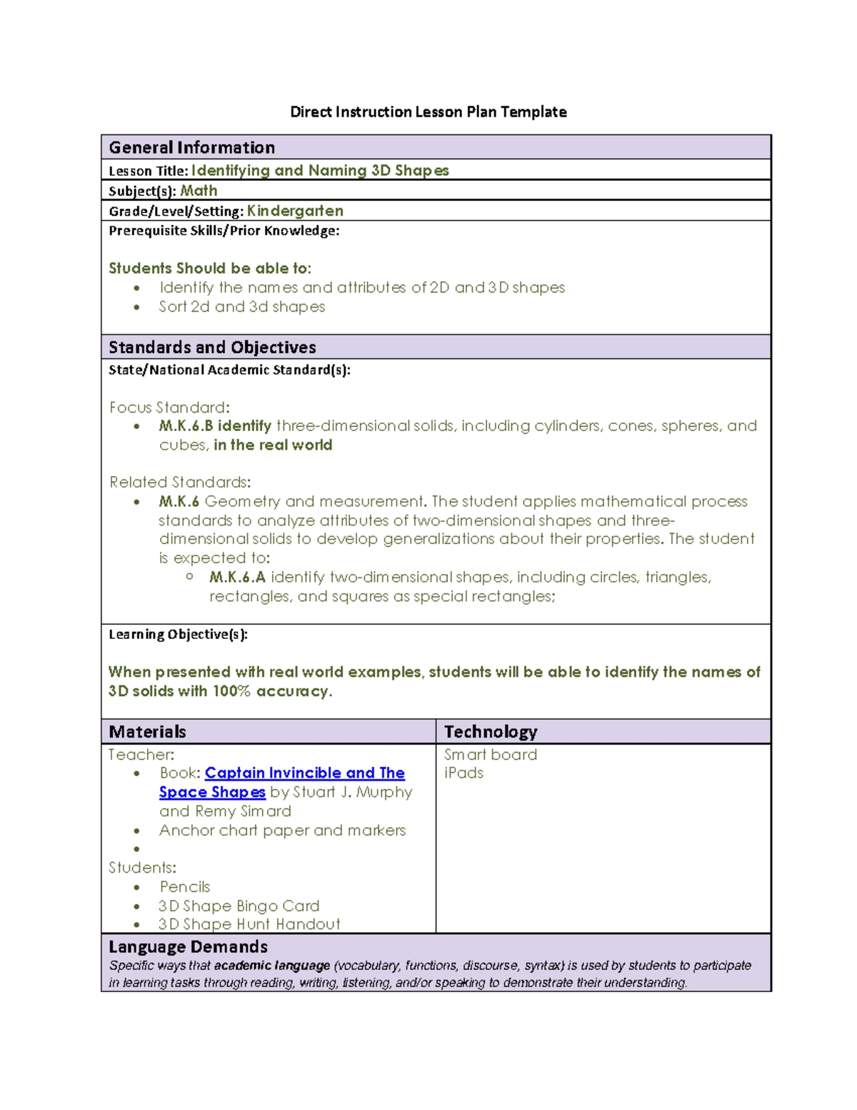C381 Final Exam - 3D Shapes Lesson Plan for Kindergarten - Studocu