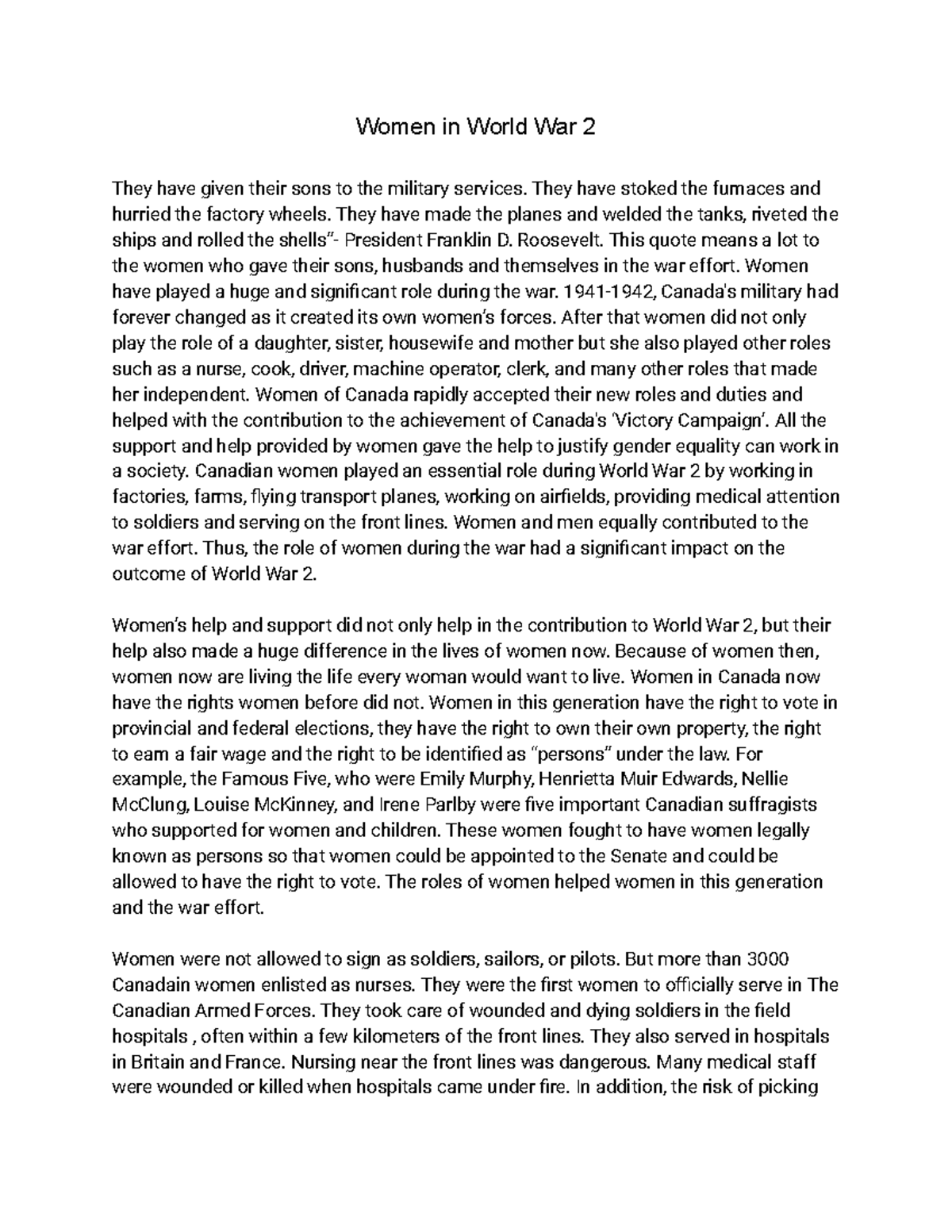 GEO WW3 ESSAY 1: The Impact of Women’s Roles in WWII Canada - Studocu