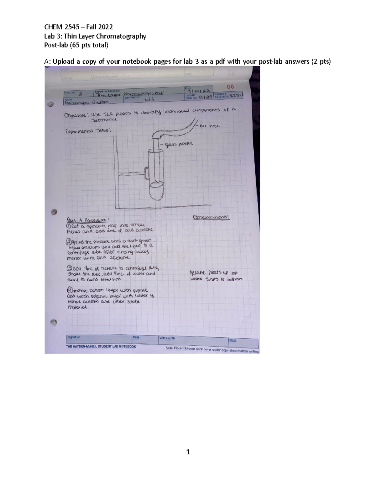 Lab 3: Post-lab Submission on Thin Layer Chromatography (65 pts) - Studocu