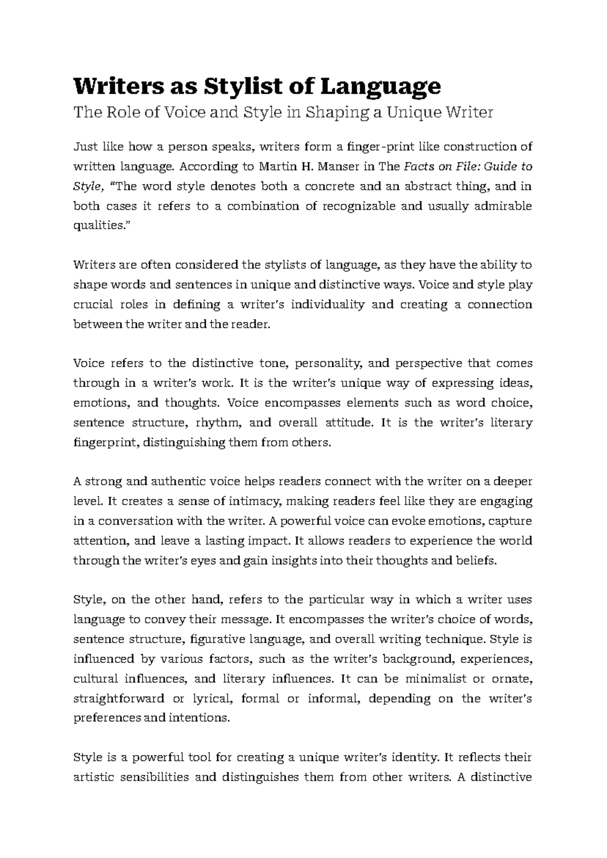 Writers as Stylists: The Role of Voice & Style in Language - Studocu