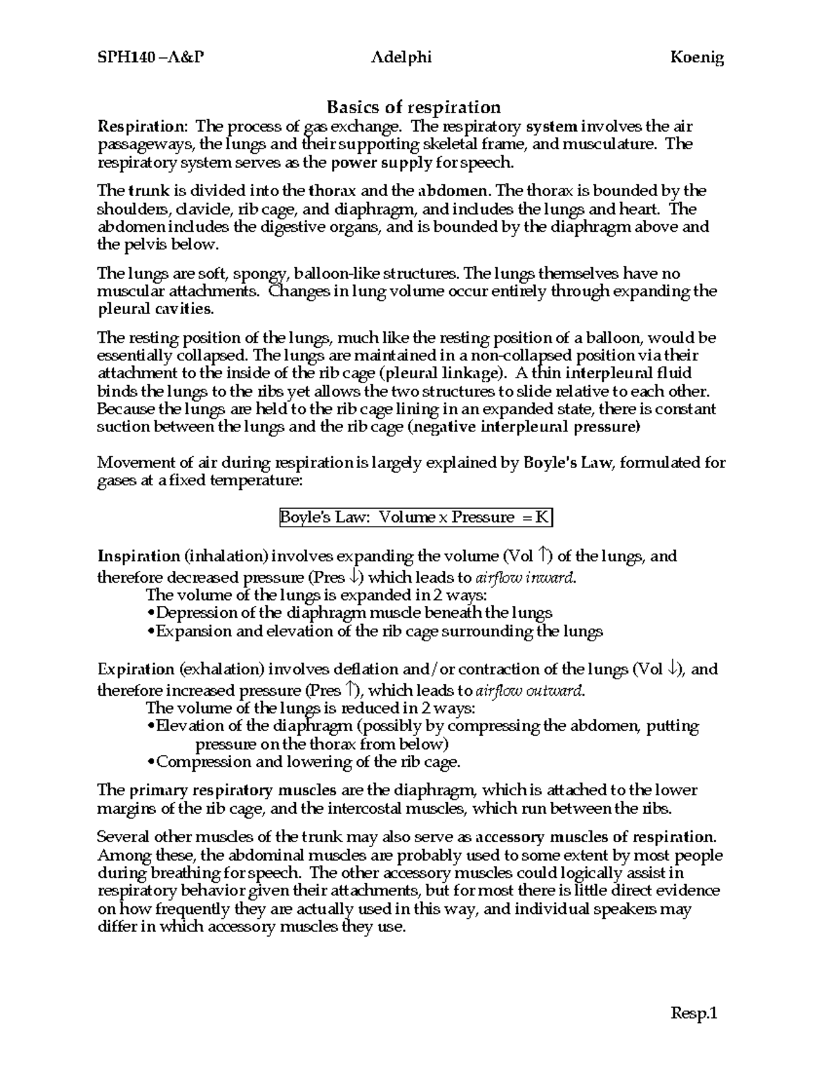 SPH140 Adelphi Koenig Anatomy & Physiology of the Respiratory System ...
