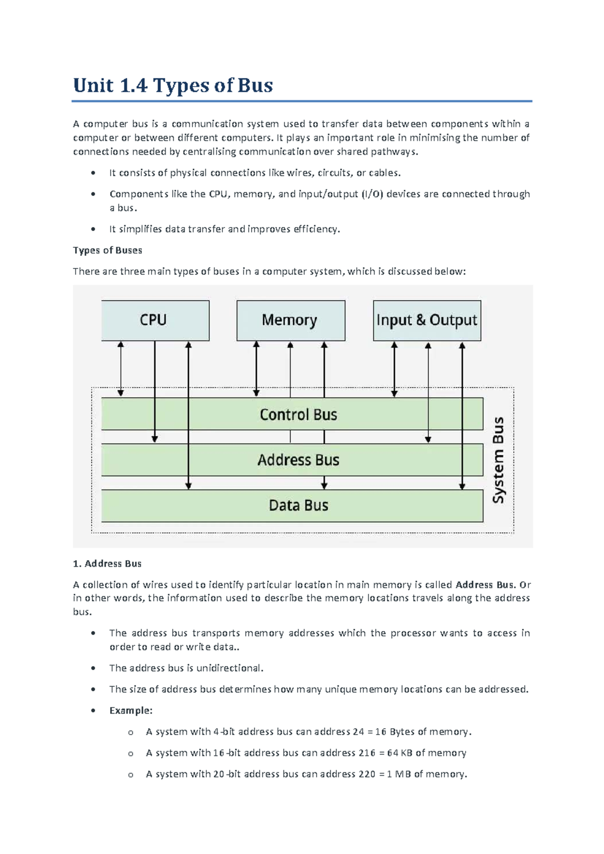 Unit 1.4: Types of Bus in Computer Fundamentals - Studocu