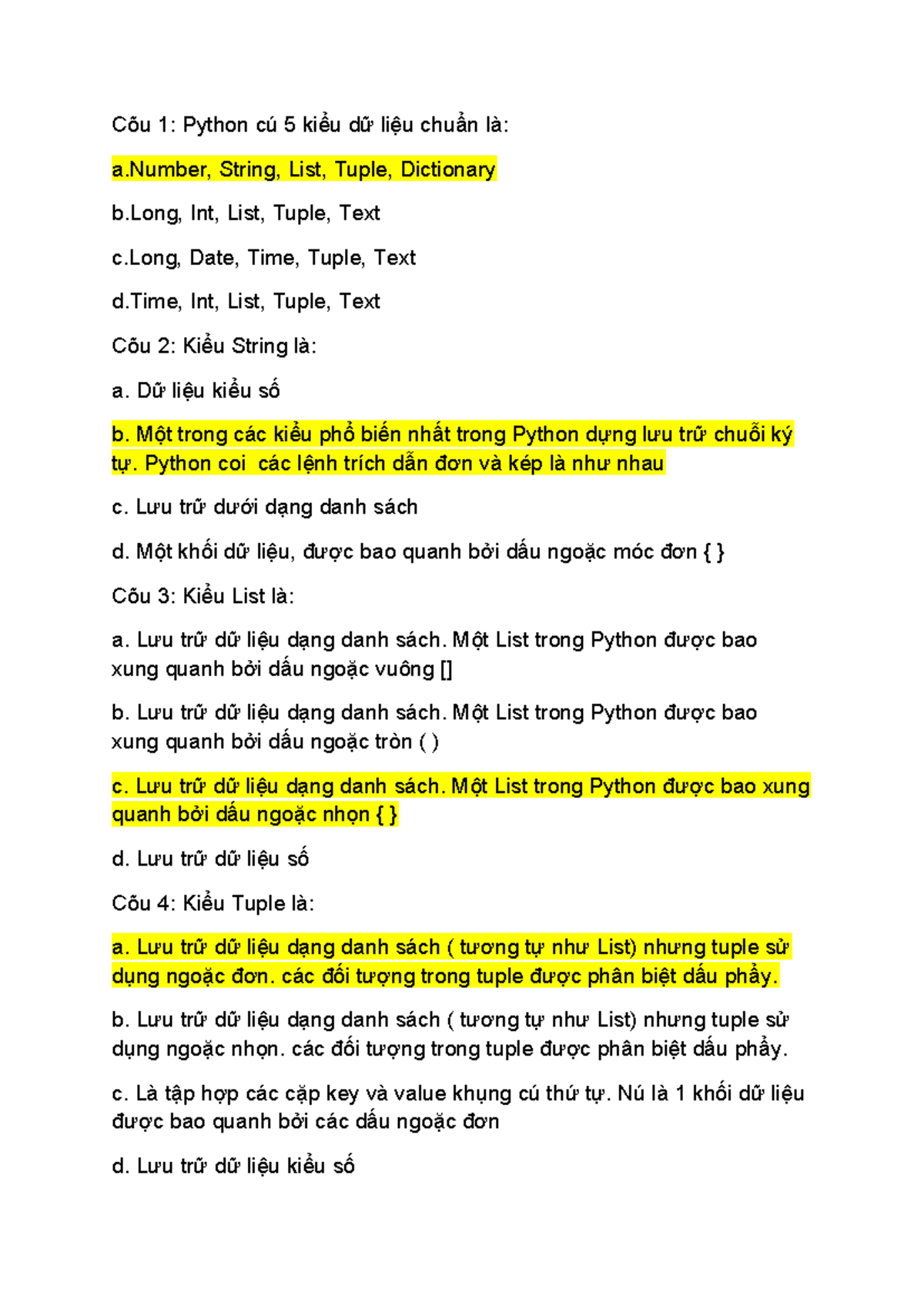 ON TAP Python DA: Kiểu Dữ Liệu và Câu Hỏi Thực Hành - Studocu
