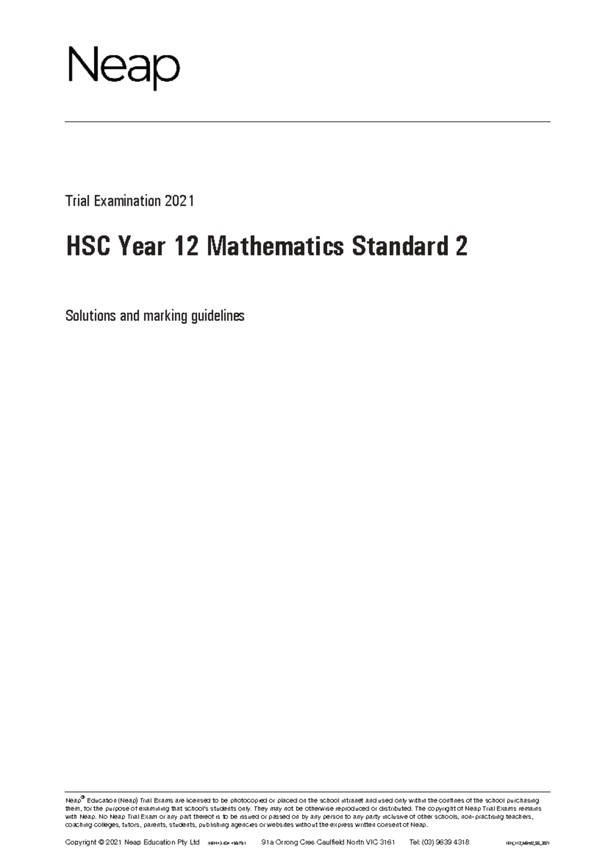 HSC Year 12 Mathematics Standard 2 Trial Exam 2021 Solutions Guide ...