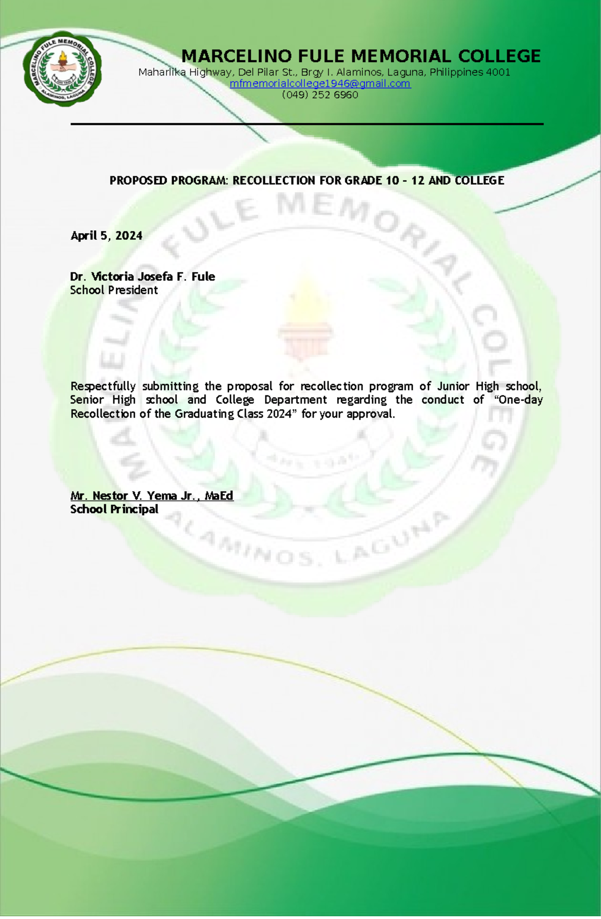 Recollection Program Proposal for Grades 10-12 & College Students - Studocu