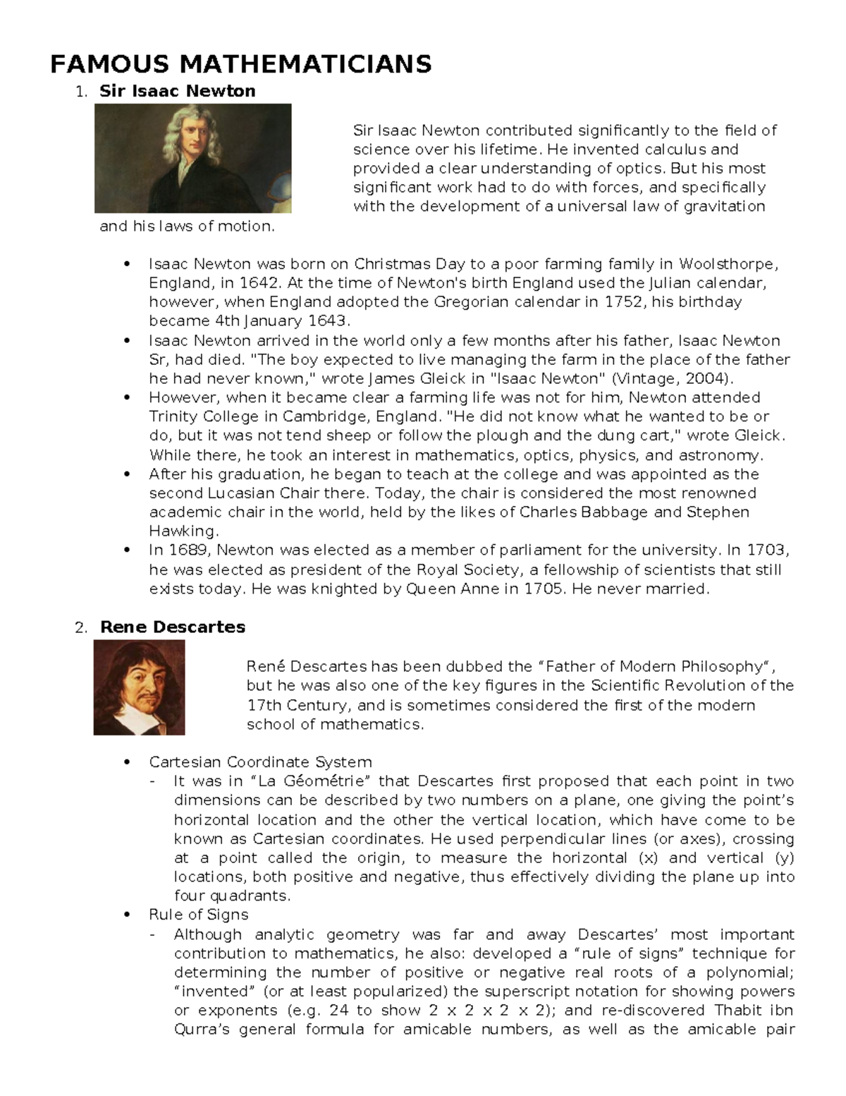 Famous Mathematicians - FAMOUS MATHEMATICIANS 1. Sir Isaac Newton Sir ...
