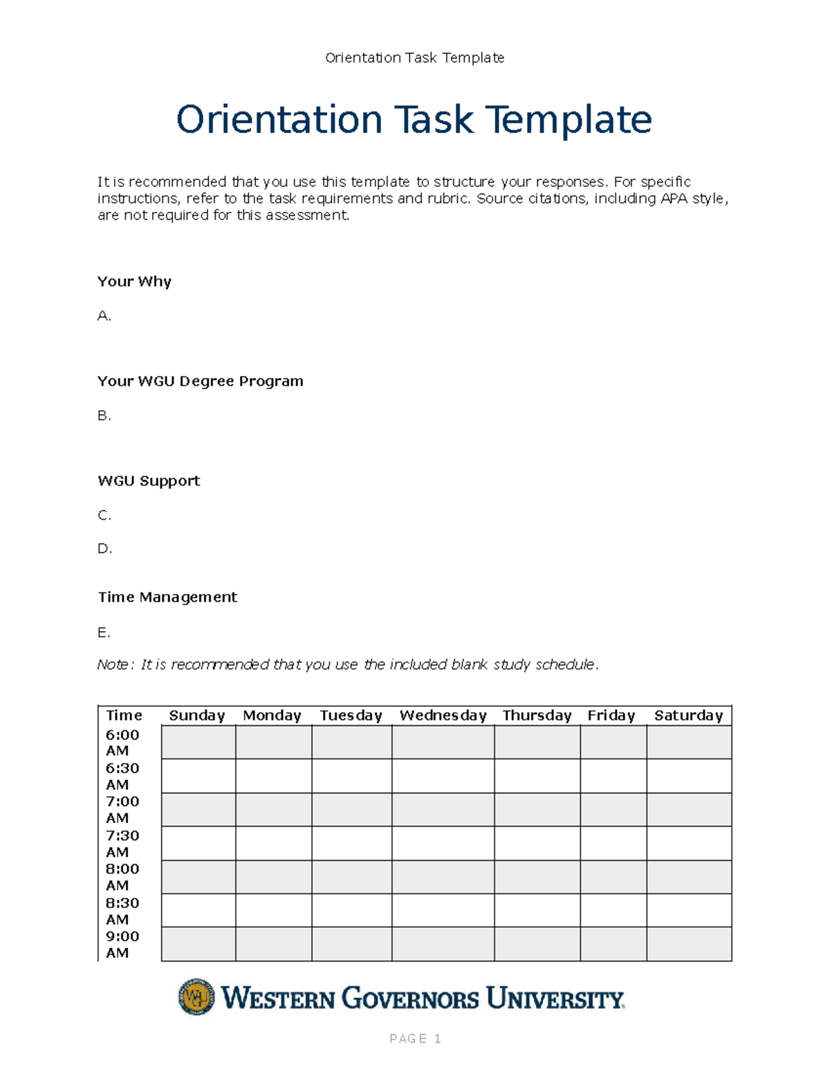 WGU orientation task template and study schedule guide - Studocu