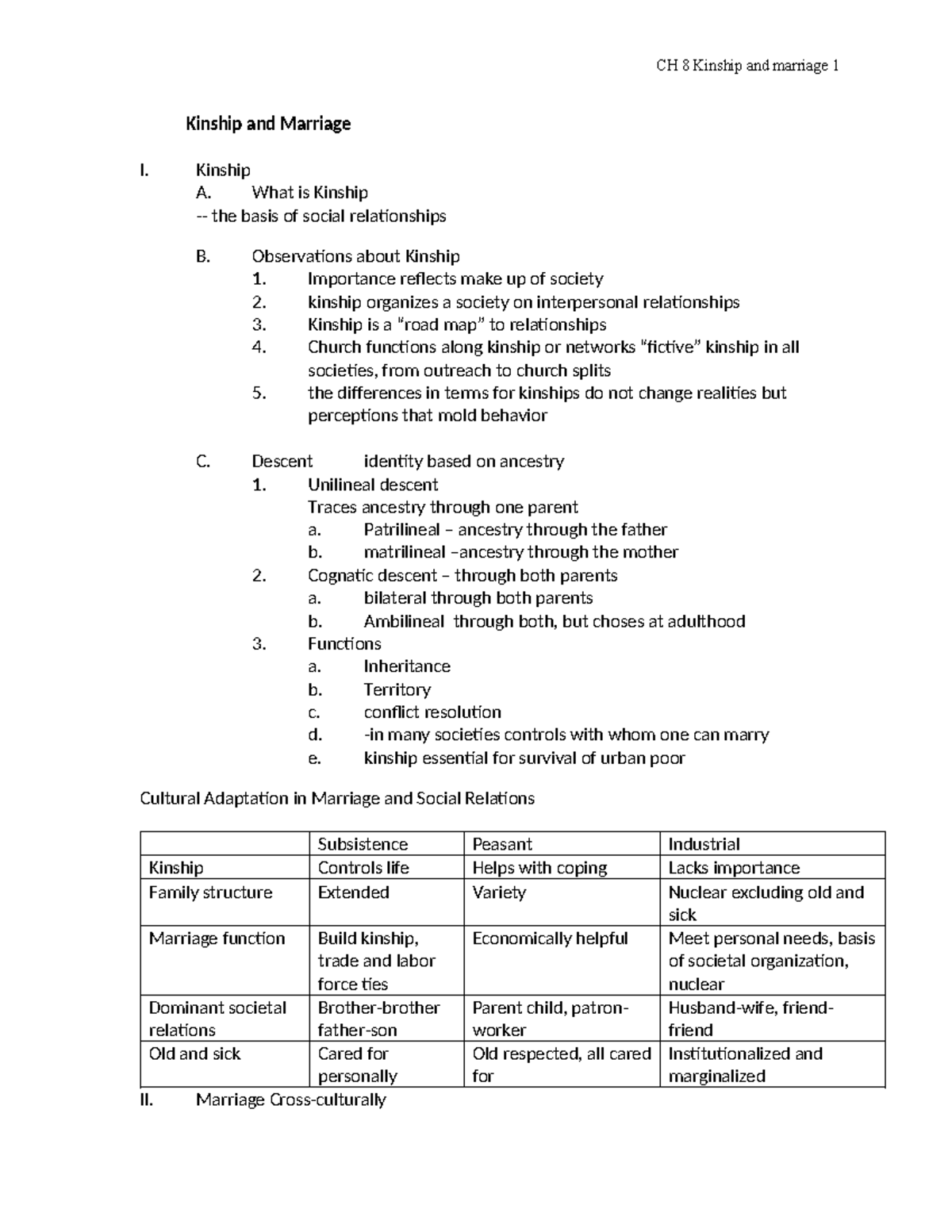Chapter 8 Kinship and Marriage Outline - CH 8 Kinship and marriage 1 ...