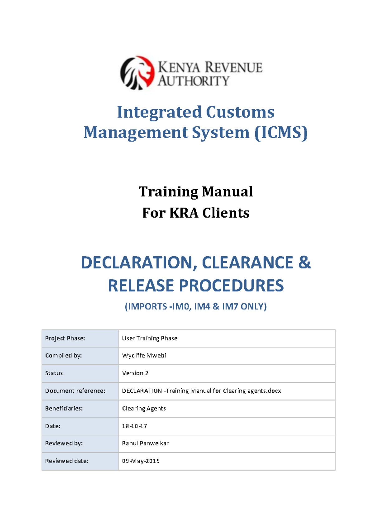 ICMS Training Manual: Declaration, Clearance & Release Procedures - Studocu