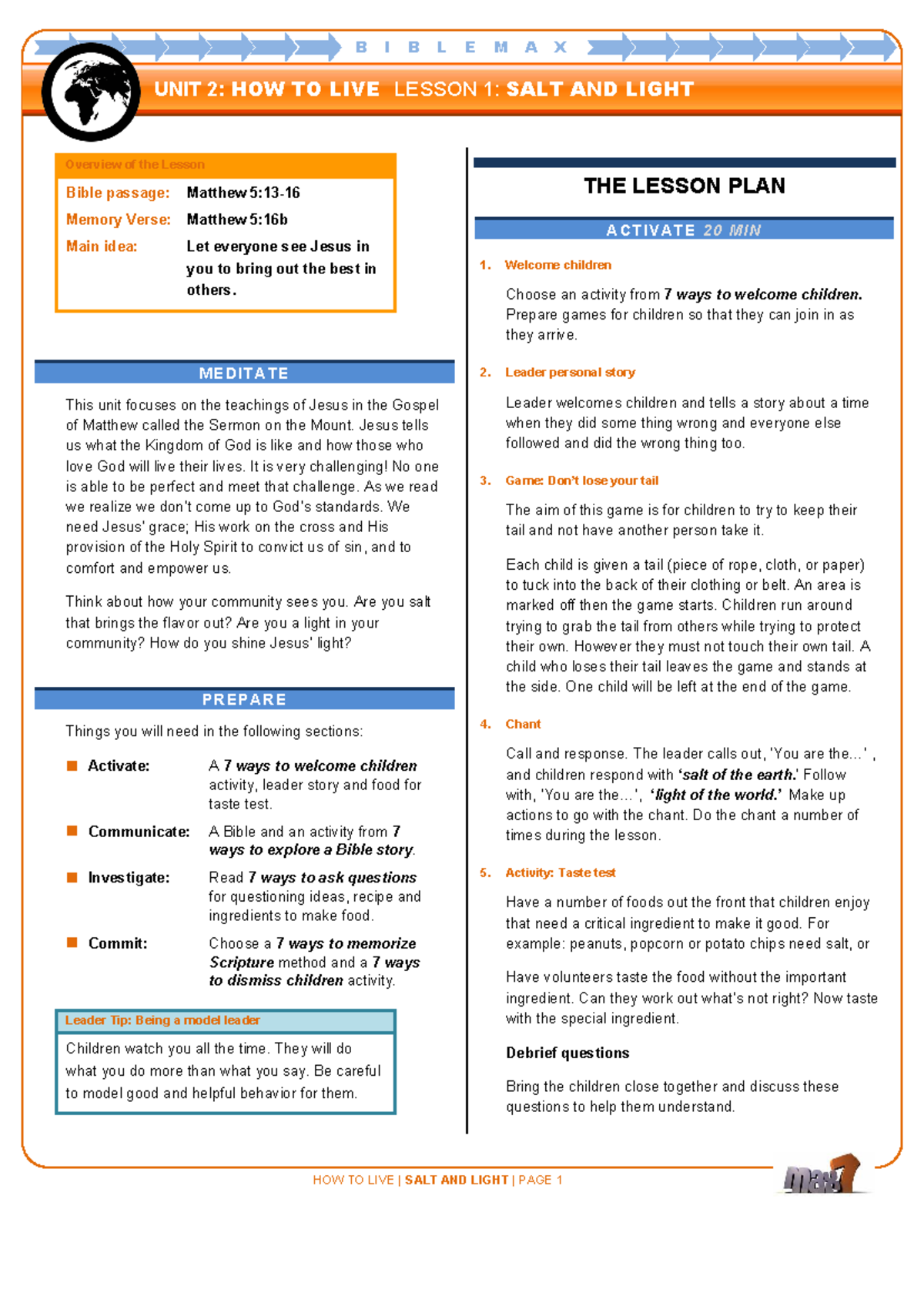 Unit 2: How to Live - Lesson Plans on Salt, Light, and Prayer - Studocu