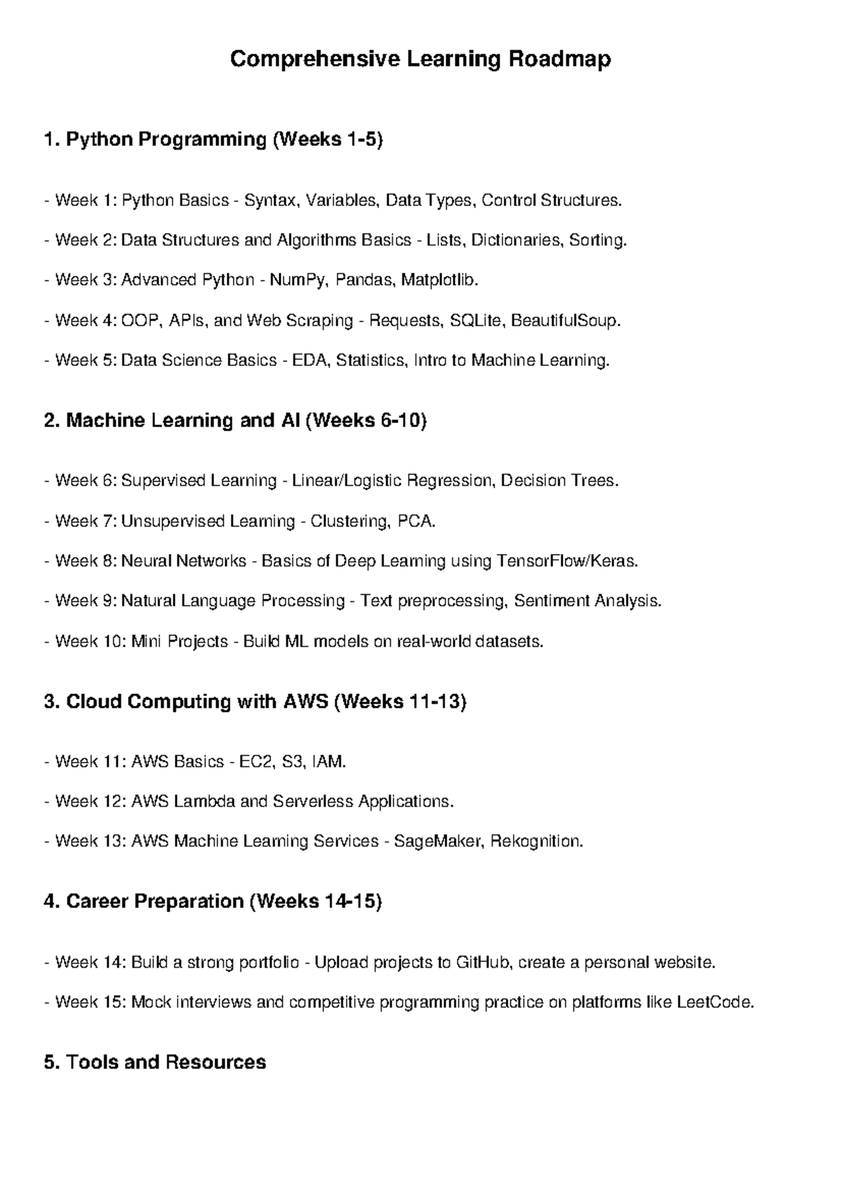 Comprehensive Learning Roadmap for Python, ML & Cloud (Weeks 1-15) - Studocu