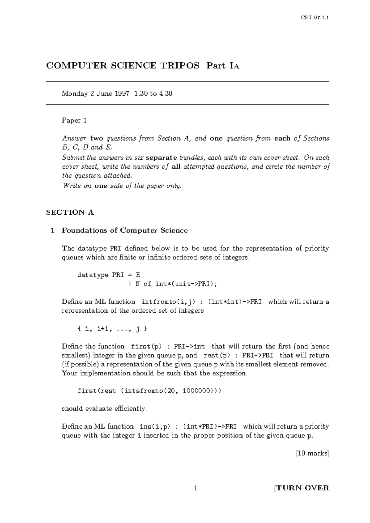 Y1997 Paper 1 - FWEgrsSETHDRYSHJASEXDGT - COMPUTER SCIENCE TRIPOS Part ...
