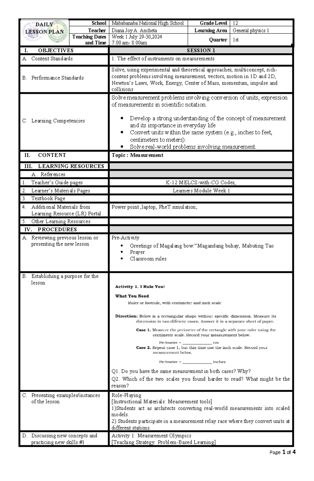 WEEK 1DAY1 - NOTES - School Mababanaba National High School Grade Level ...