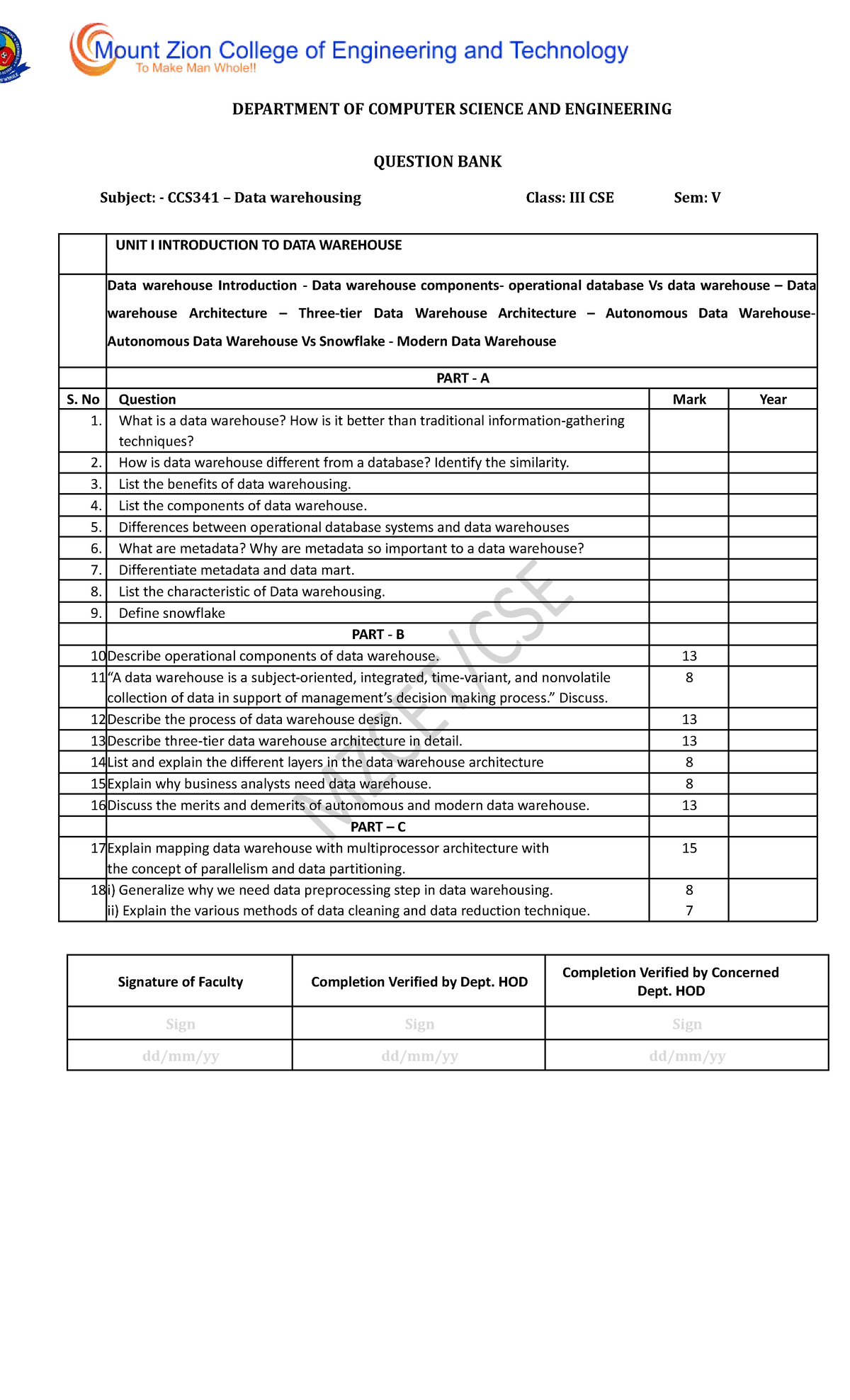 CCS341 Data Warehouse Question Bank - Unit I Overview - Studocu