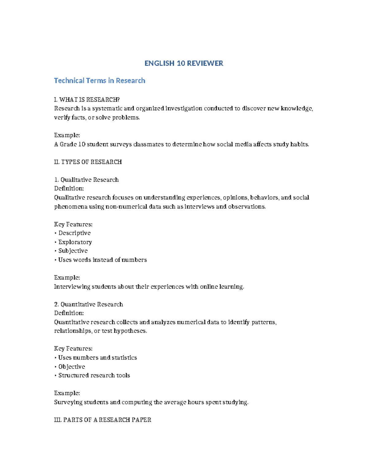 ENGLISH 10 REVIEWER: Key Concepts in Research Methods - Studocu